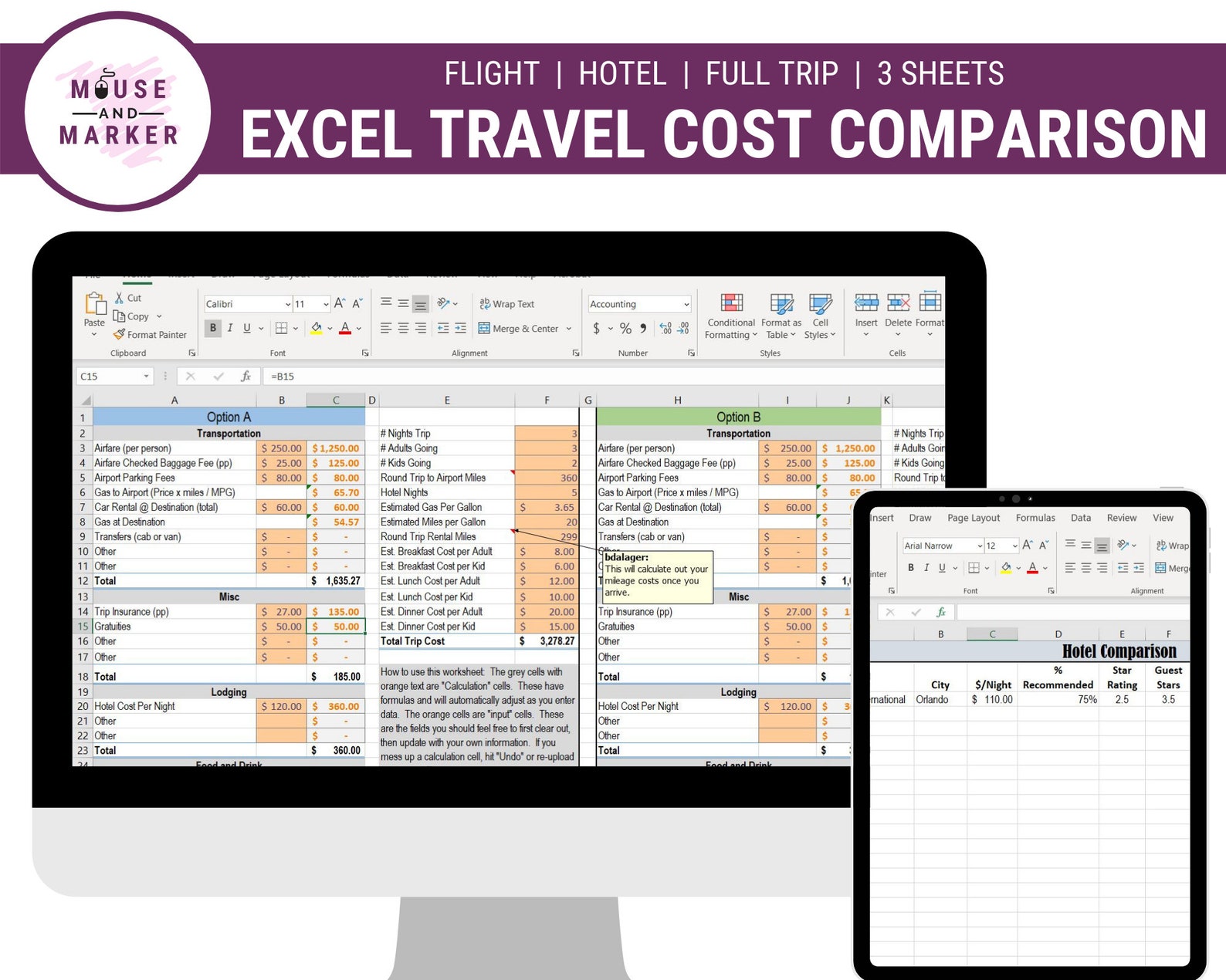 Excel Workbook Travel Planner Forms 3 Sheets Hotel Comparison Flight ...