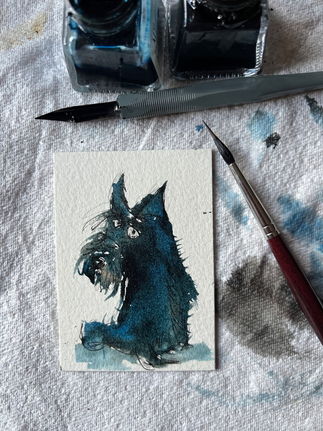 Scottie Dog ACEO Original Pen and Ink Painting 'blue - Etsy