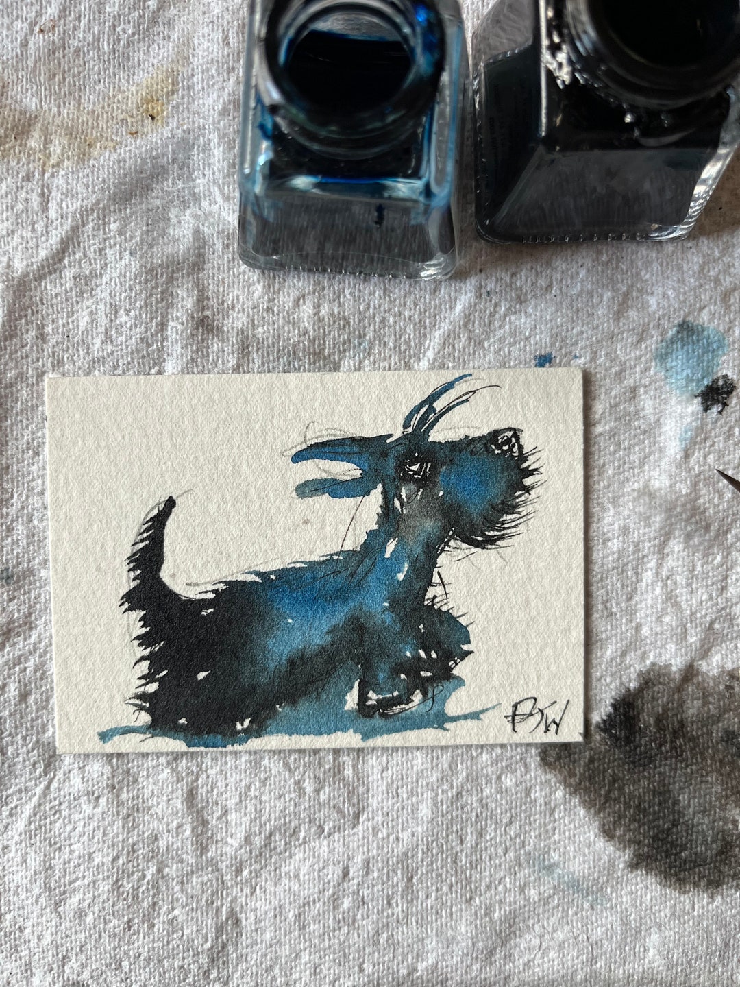 Scottie Dog ACEO Original Pen and Ink Painting 'blue - Etsy