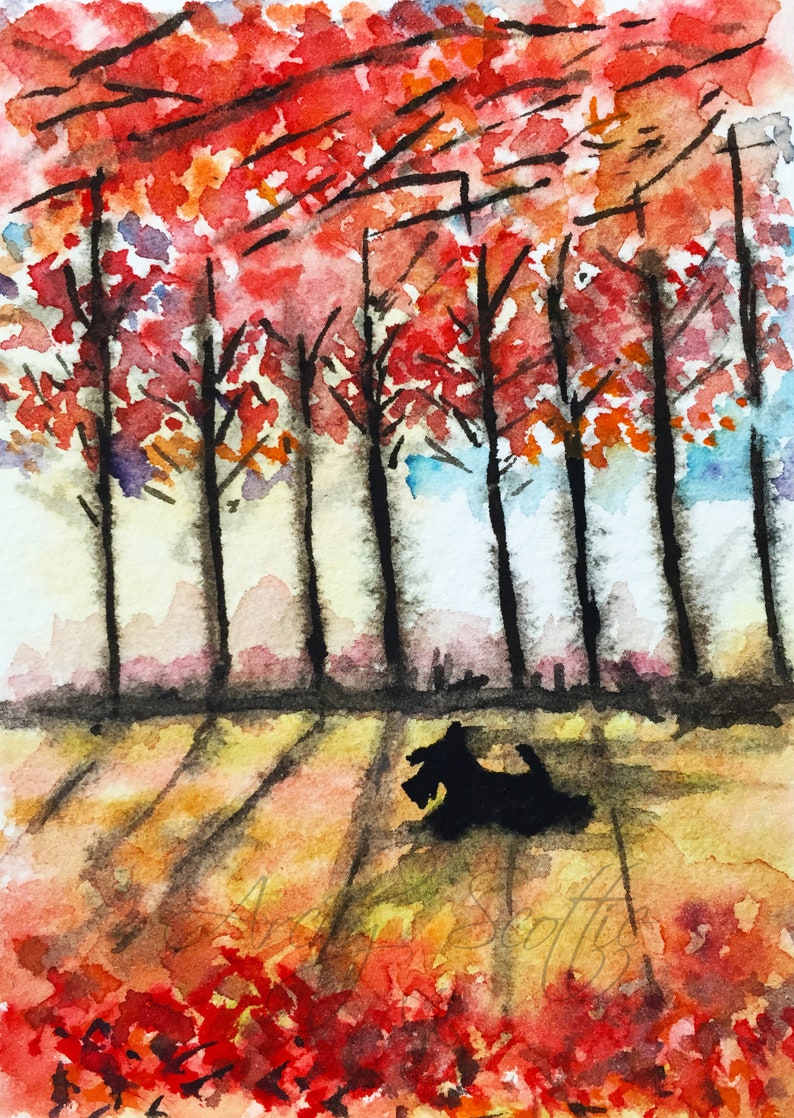 Scottie Dog 'fall Dash' Watercolour Soft Textured - Etsy