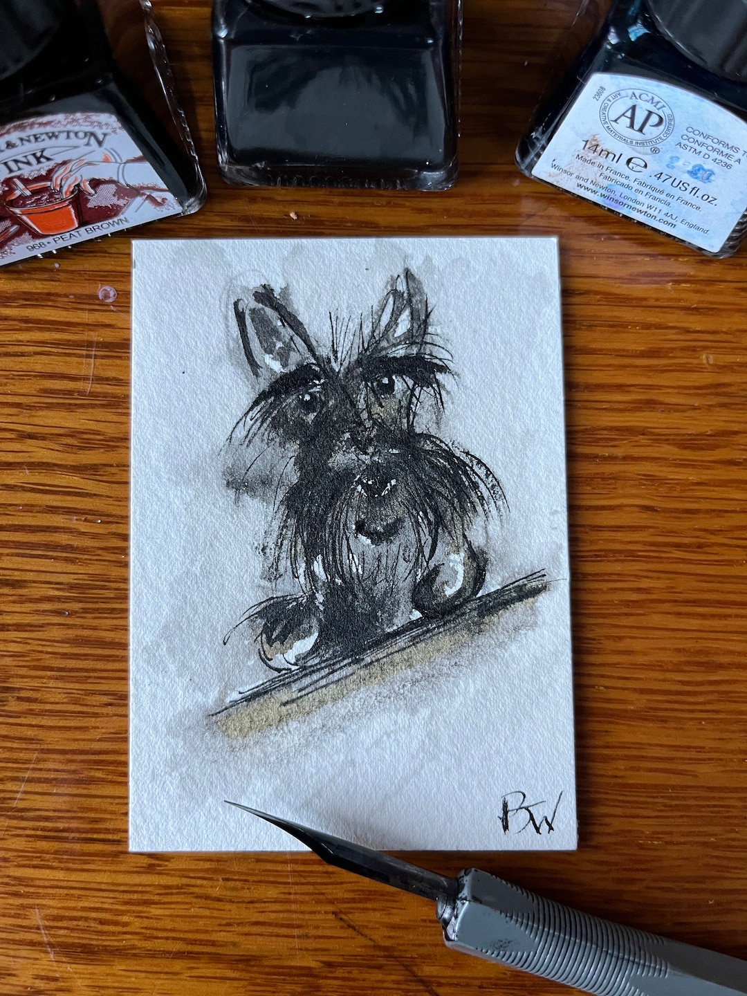 Happy Scottie Dog ACEO Original Pen and Ink Painting - Etsy