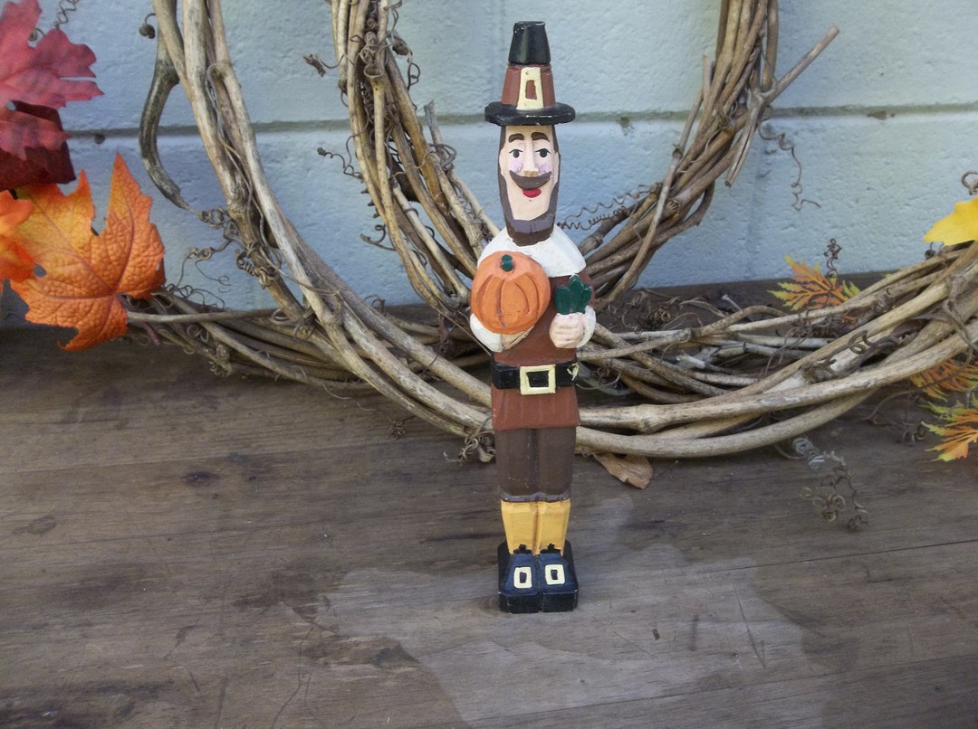Fall Wood Pilgrim Figurine Holding Pumpkin/thanksgiving Folk Art ...