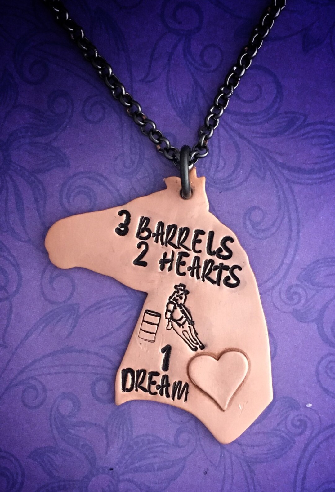 Barrel Racing Custom Necklace - Copper - Gunmetal - 3 Barrels 2 Hearts ...