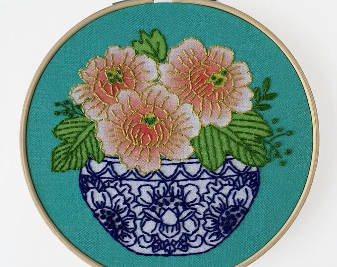 Peony Embroidery Kit by Rikrack Craft Kit for Beginner Fun Gift Stitcher Floral Teal Pink Flower ...