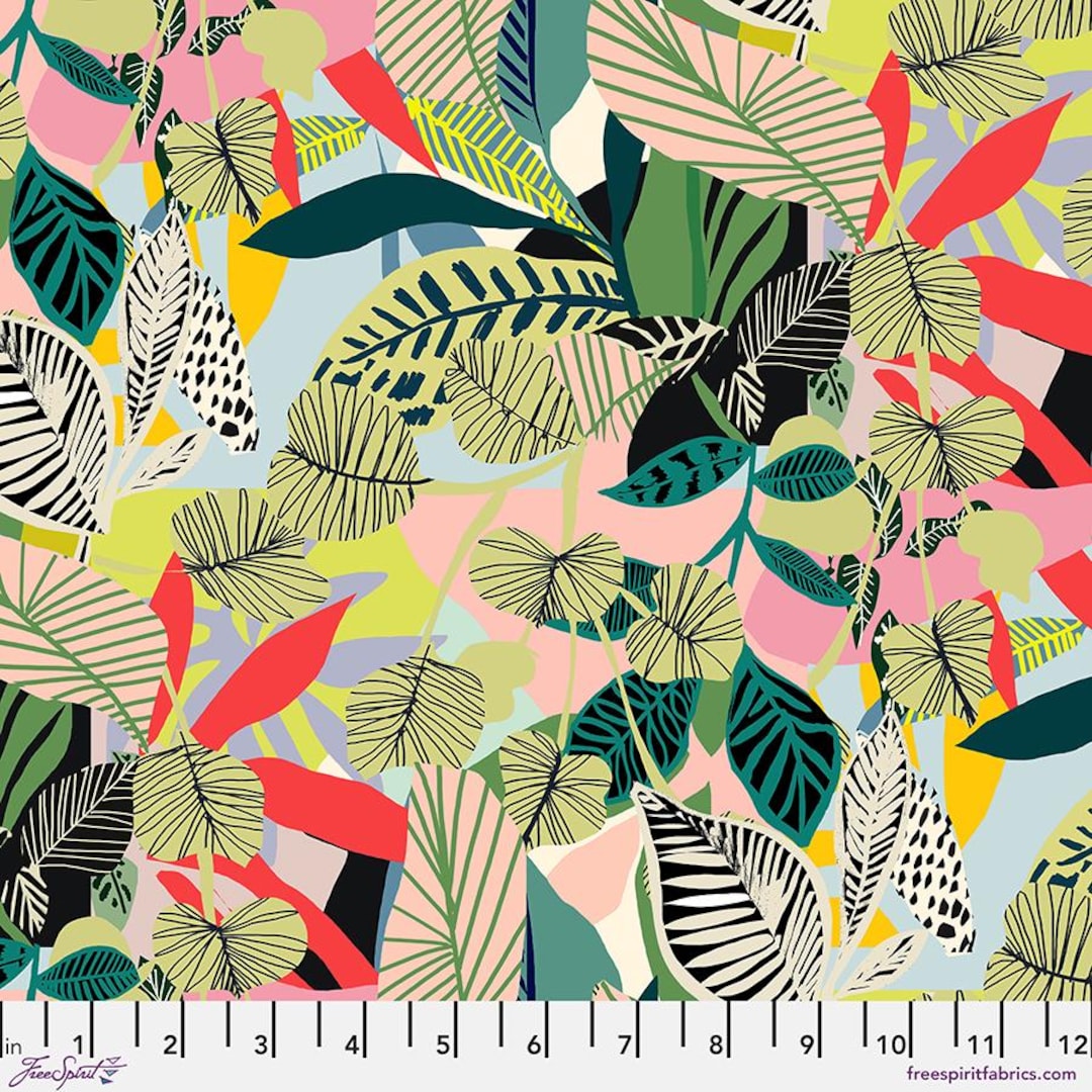 Botanical Cotton Fabric: Overgrown Pastel Leaves, Kitty Mccall Vibrant ...