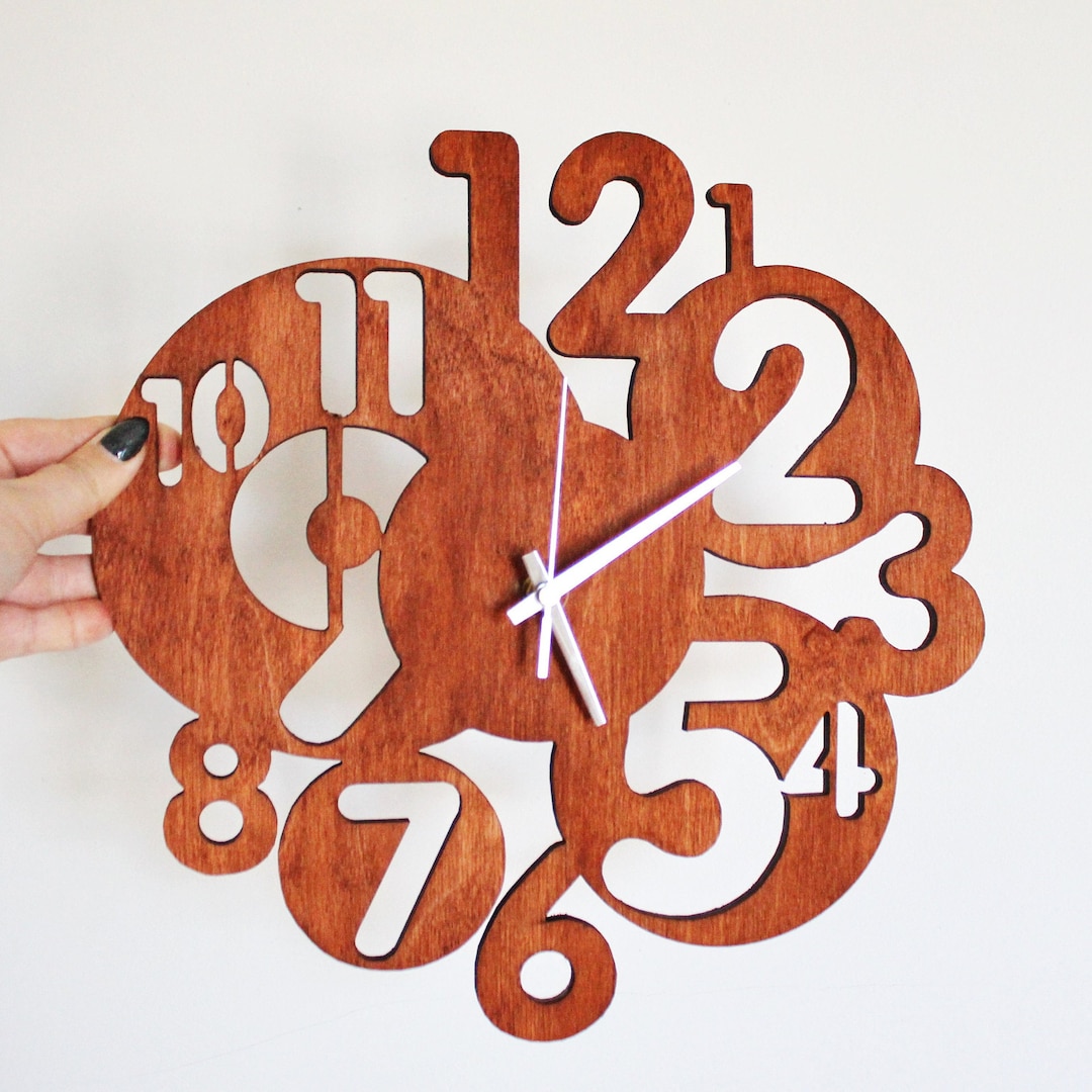 Wooden Modern Clock Numbers Red Wood Color 320 Mm 12.6 Inches Light and ...