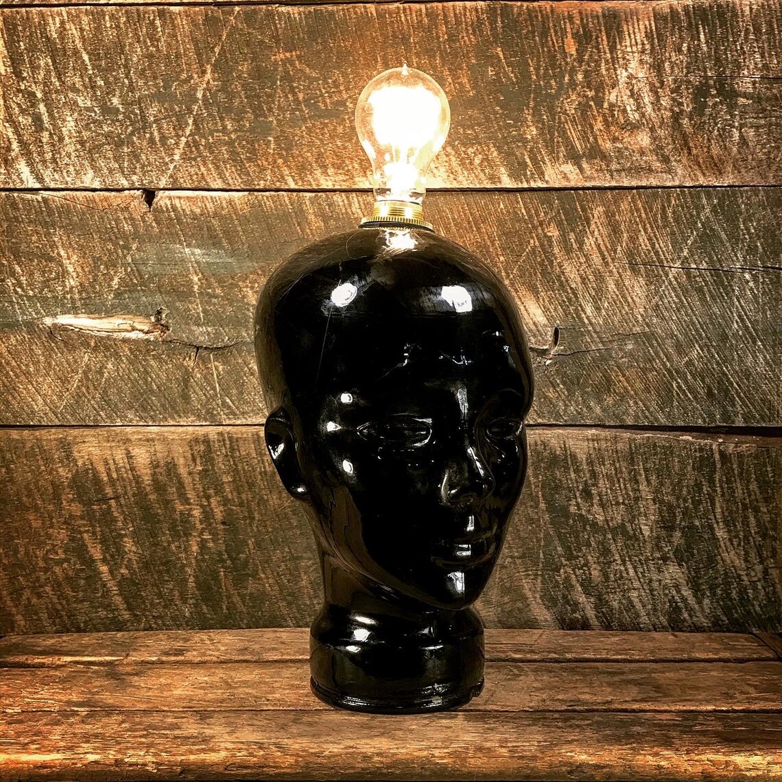 Vintage Black Glass Mannequin Head Lamp - Repurposed Upcycled Hat ...