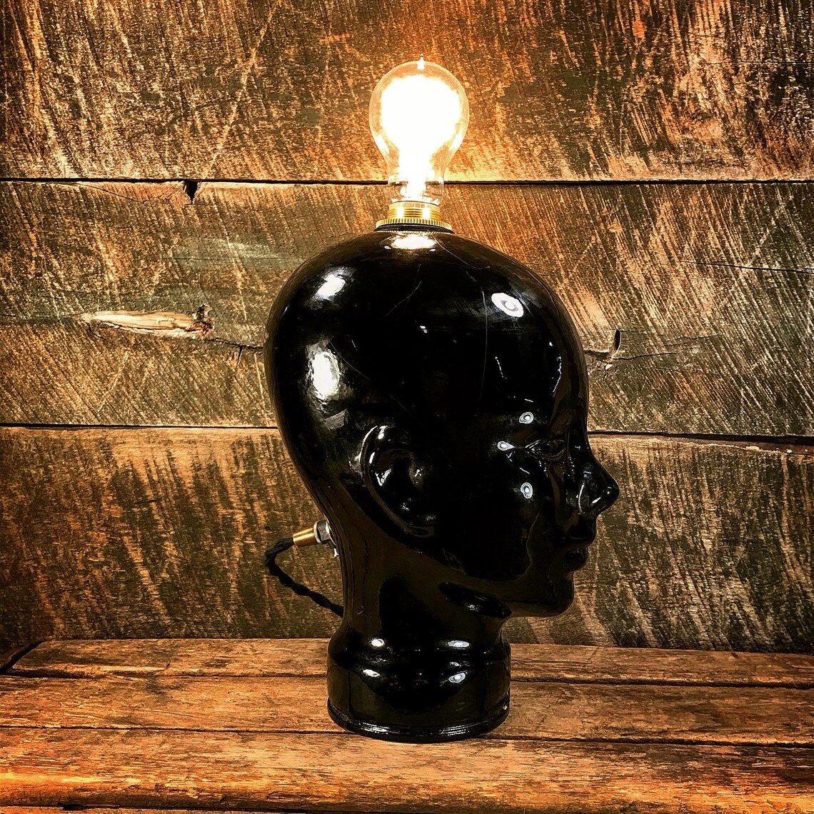 Vintage Black Glass Mannequin Head Lamp - Repurposed Upcycled Hat ...