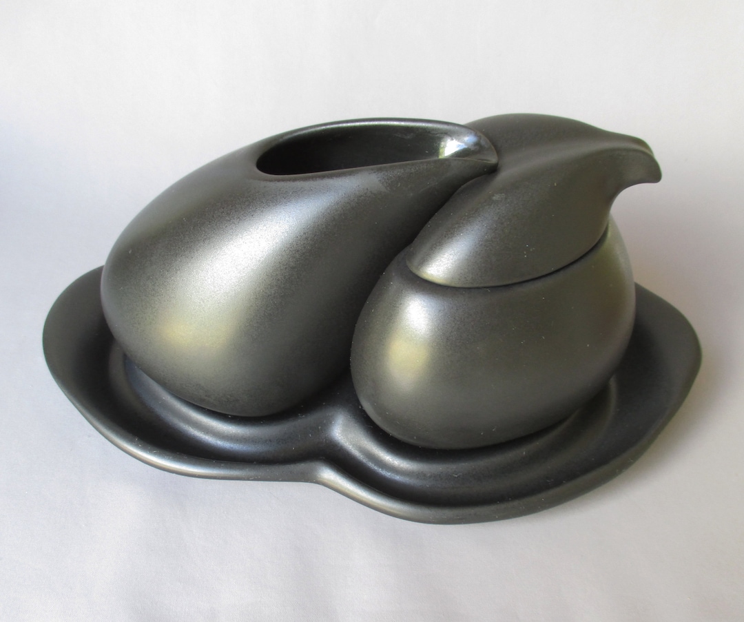 Peter Saenger Studio Art Pottery Sugar Creamer Set on Tray BLACK Satin ...