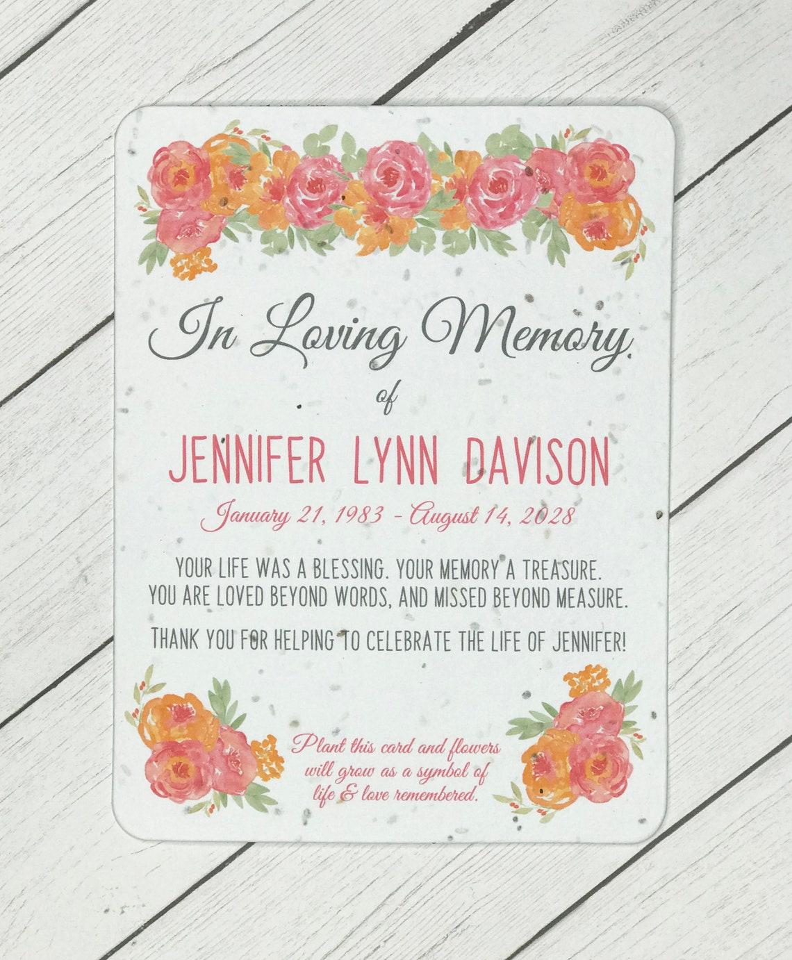 12 Pink & Orange Floral Border Memorial Personalized Plantable - Etsy