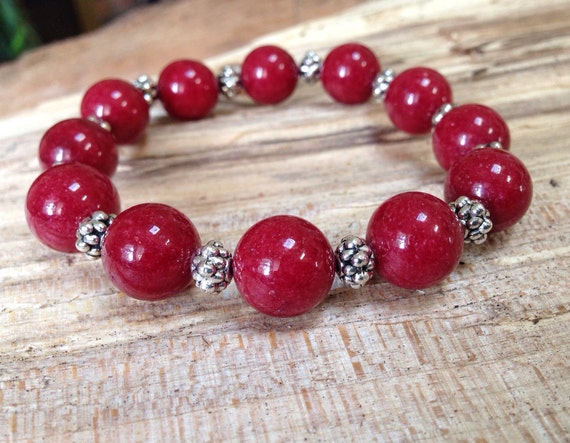 Red Beaded Bracelet Red Gemstone Bracelet Silver Beads | Etsy