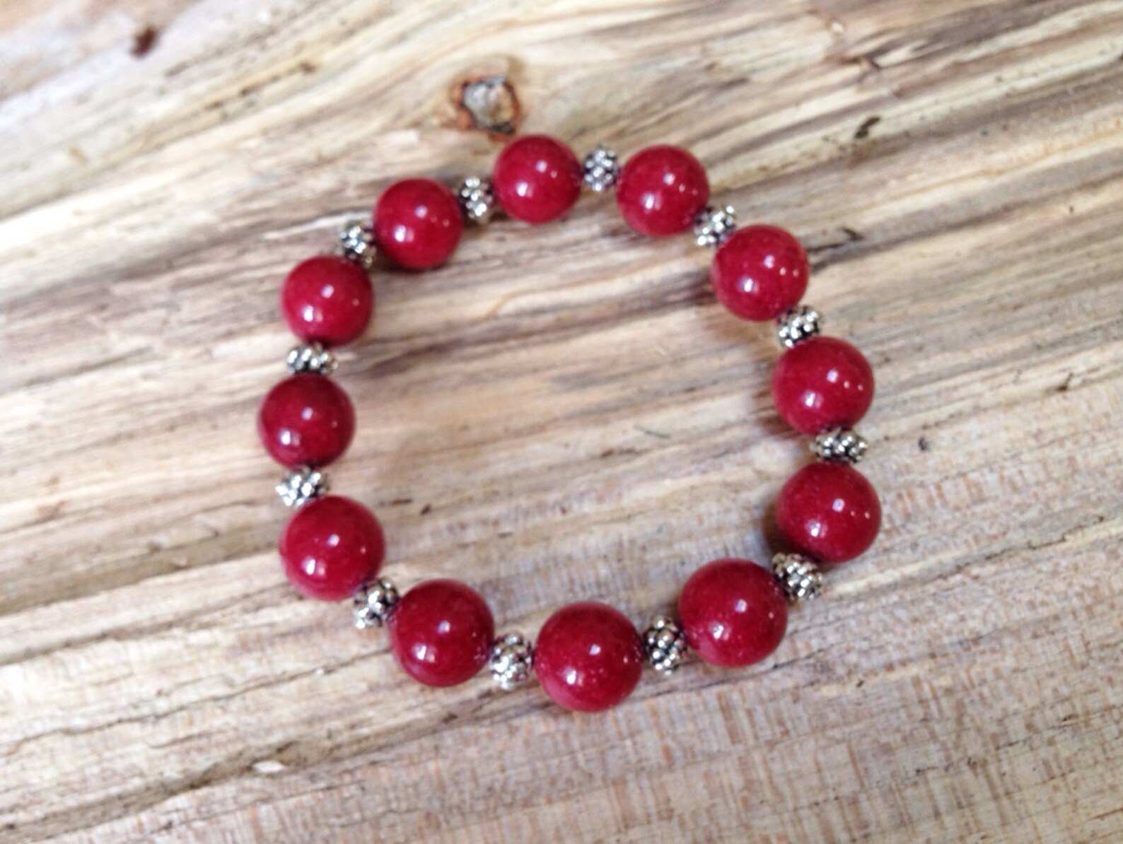 Red Beaded Bracelet, Red Gemstone Bracelet, Silver Beads, Stretch ...