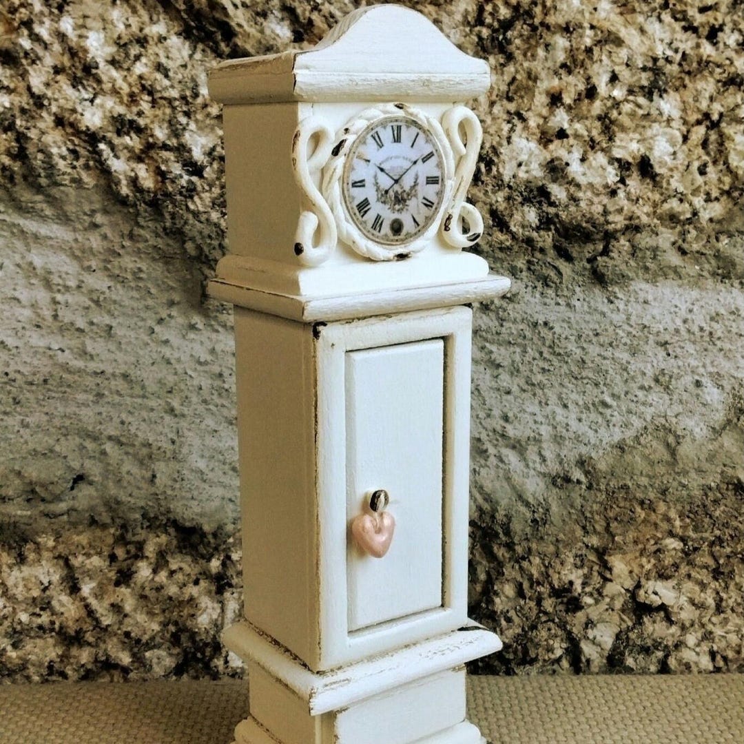 Dollhouse Wood Clock Vintage, Miniature Grandfather Clock White French ...