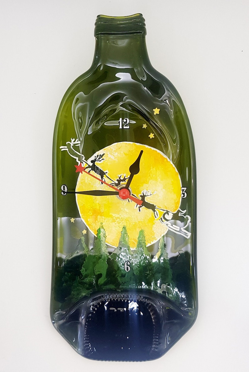 Recycled Bottle Clock With Hand-painted Santa's Sleigh Fused Glass ...