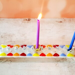 Colorful Flat Menorah With Transparent Candlesticks Fused Glass ...