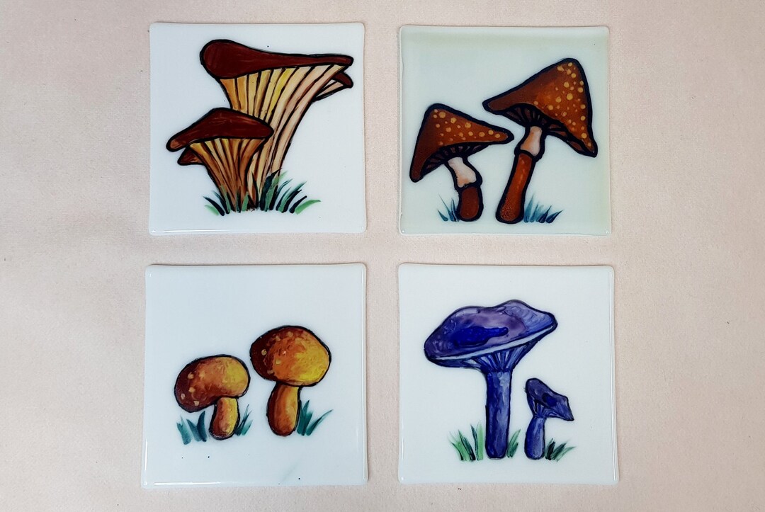 4 Hand Painted Mushrooms on Tiles / Coasters, Kitchen Decor Sets ...