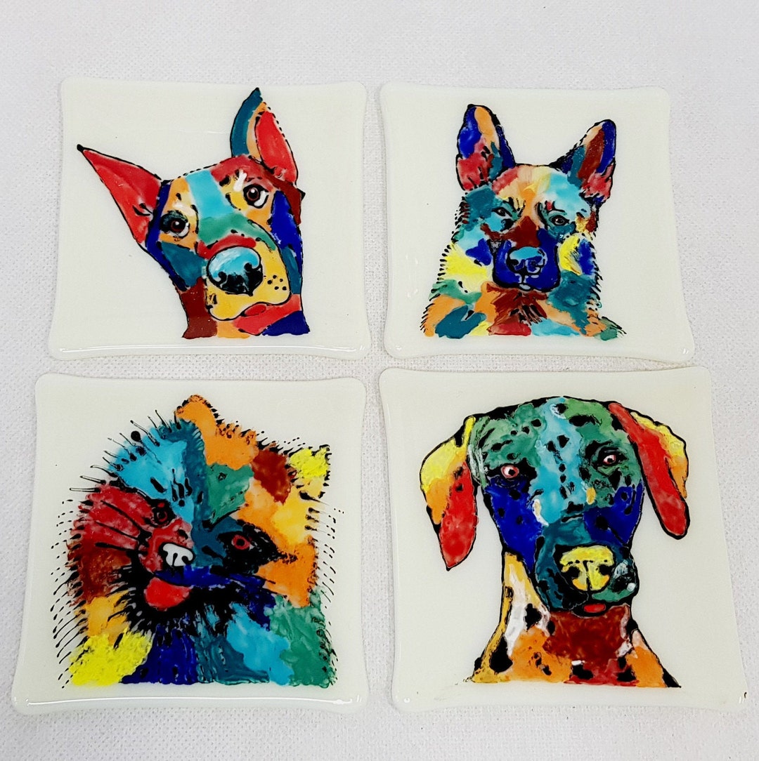 4 Colorful Hand Painted Dogs on Tiles / Coasters, Kitchen & Bathroom ...