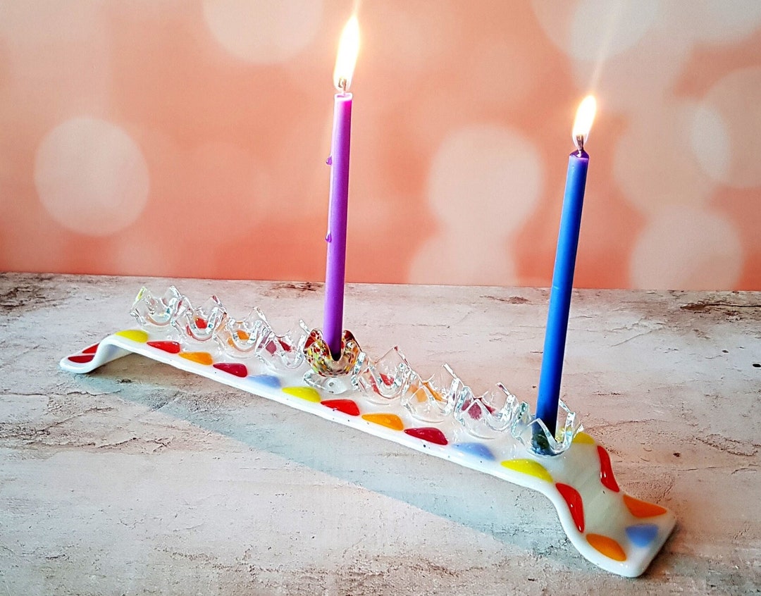 Colorful Flat Menorah With Transparent Candlesticks Fused Glass ...
