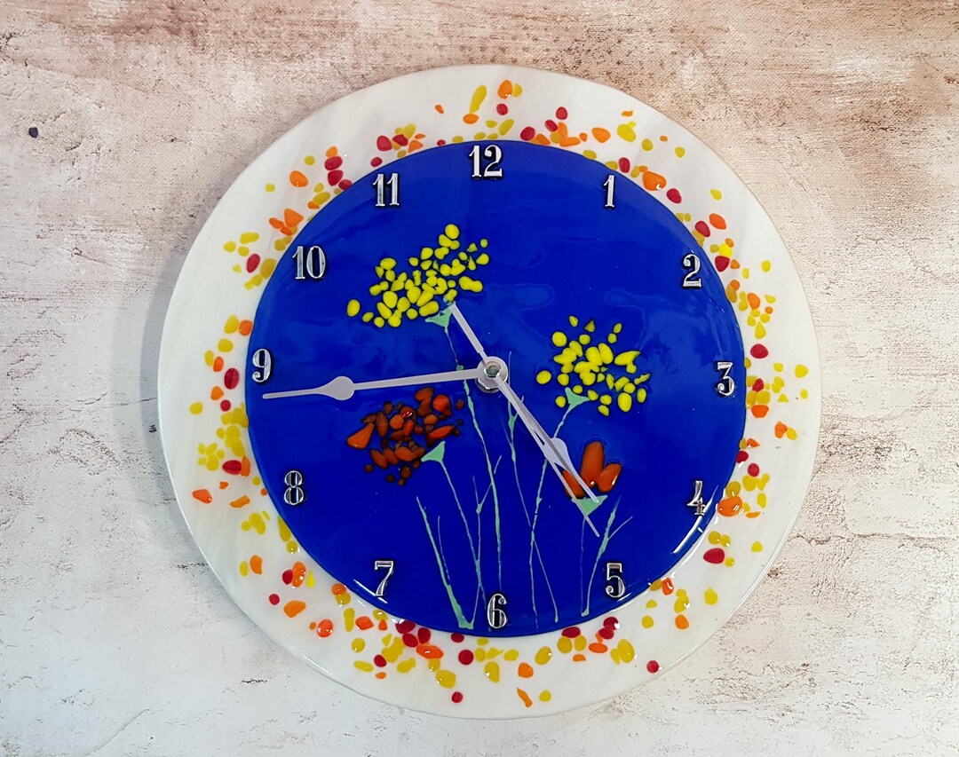 Circle Blue White Fused Glass Clock With Flowers Mosaic, Handmade Wall ...