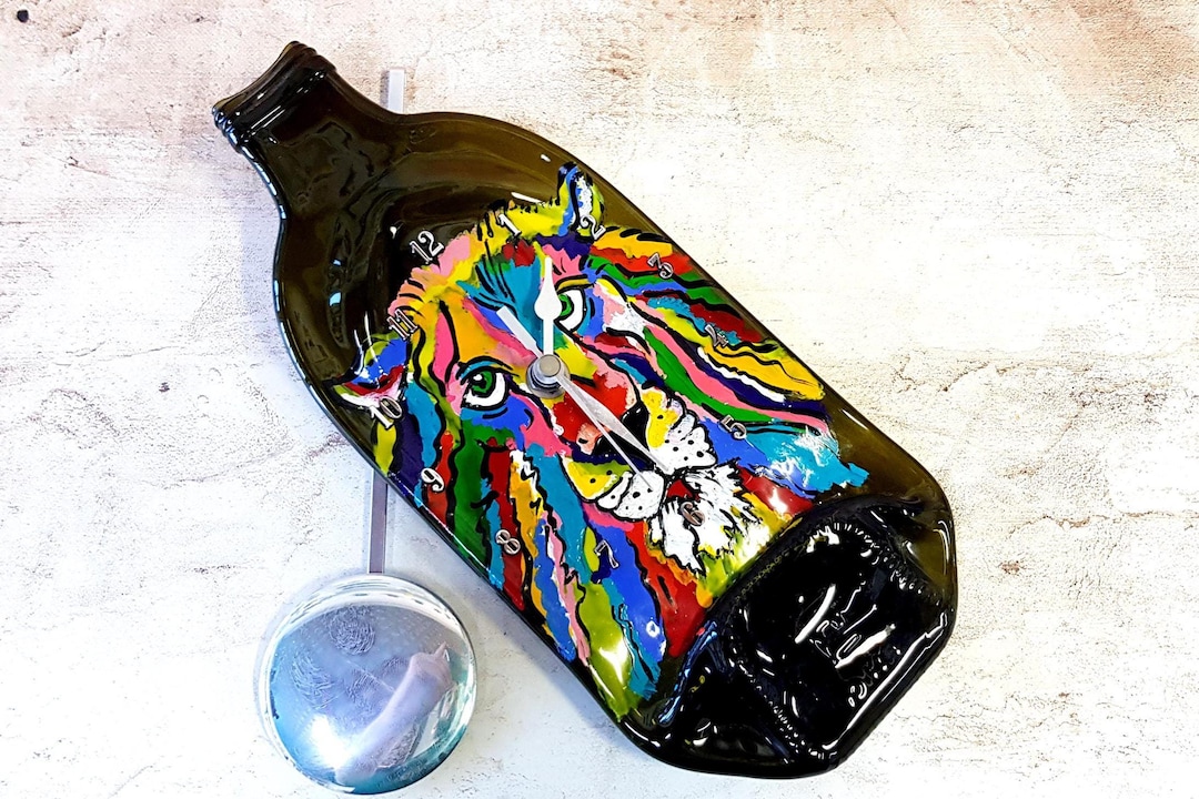 Recycled Bottle Clock With Pendulum & Colorful Lion Hand Painted Fused ...