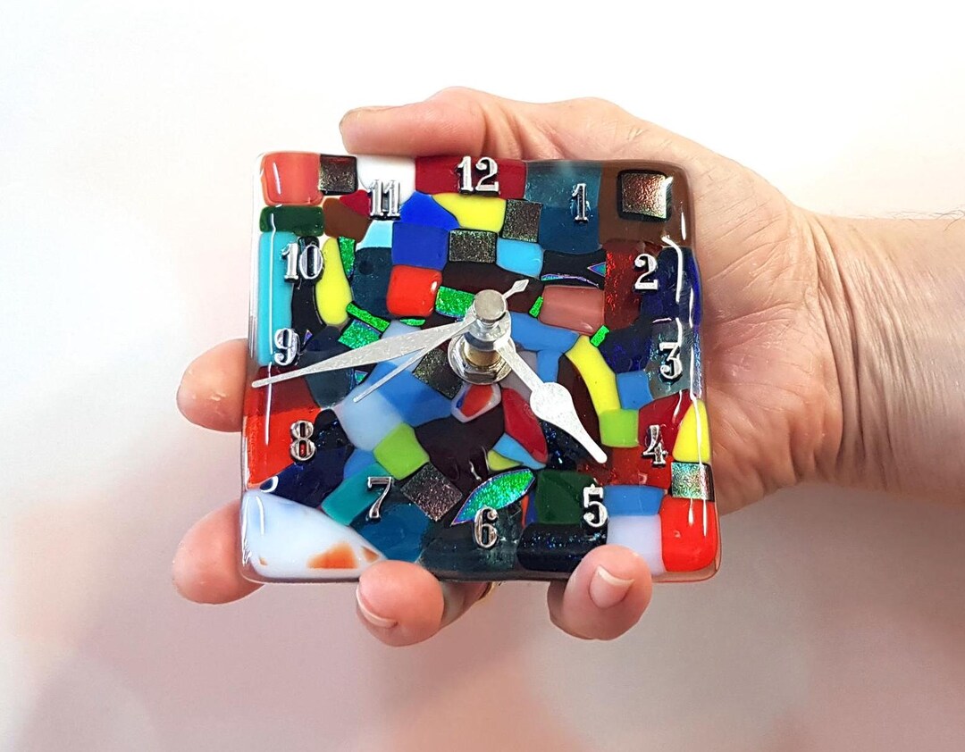 Small Colorful Silent Clock With Mosaic Fused Glass, Office Desk Clock ...