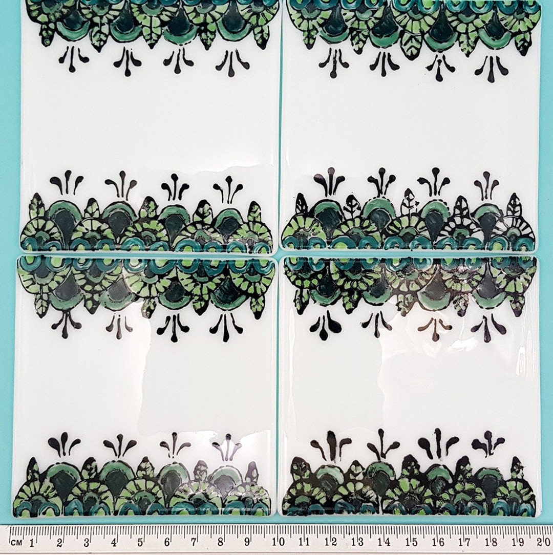 4 Hand Painted Green Lace on Tiles / Coasters, Kitchen & Bathroom Decor ...