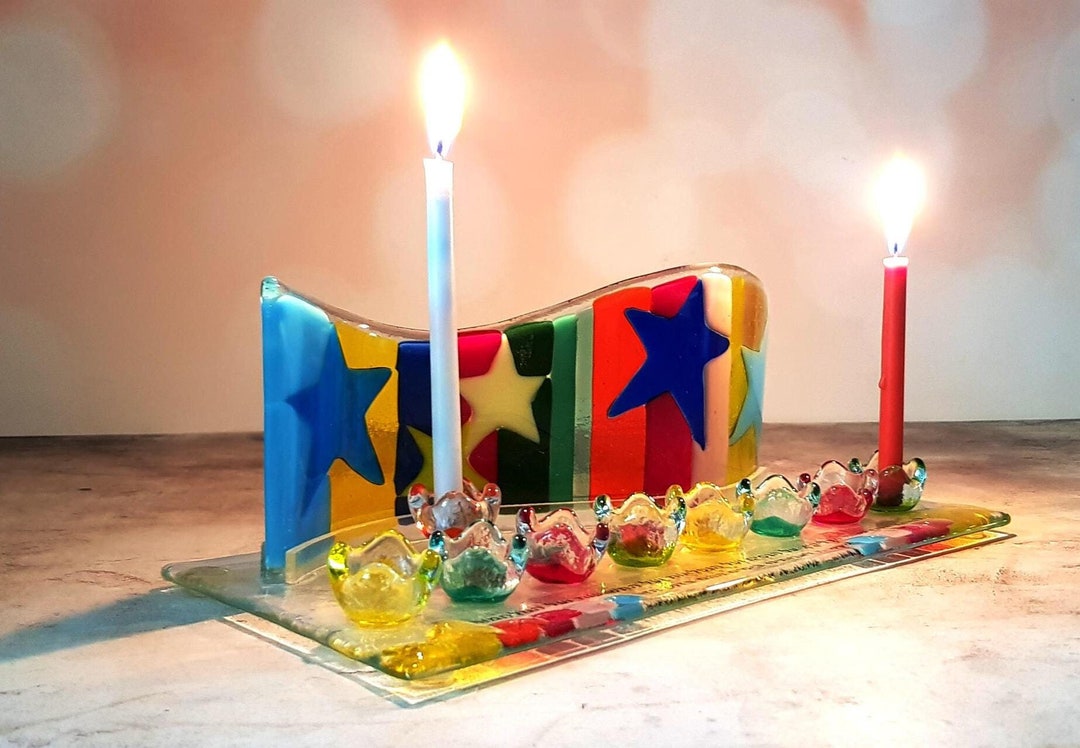 Spiral Fused Glass Menorah With Colorful Candlesticks, Creative Judaica ...