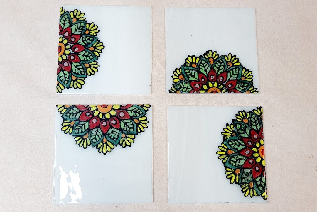 4 Hand Painted Mandela Flower on Tiles / Coasters, Kitchen & Bathroom ...