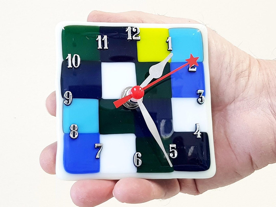 Small Silent White Glass Clock With Colorful Squares Fused Glass ...