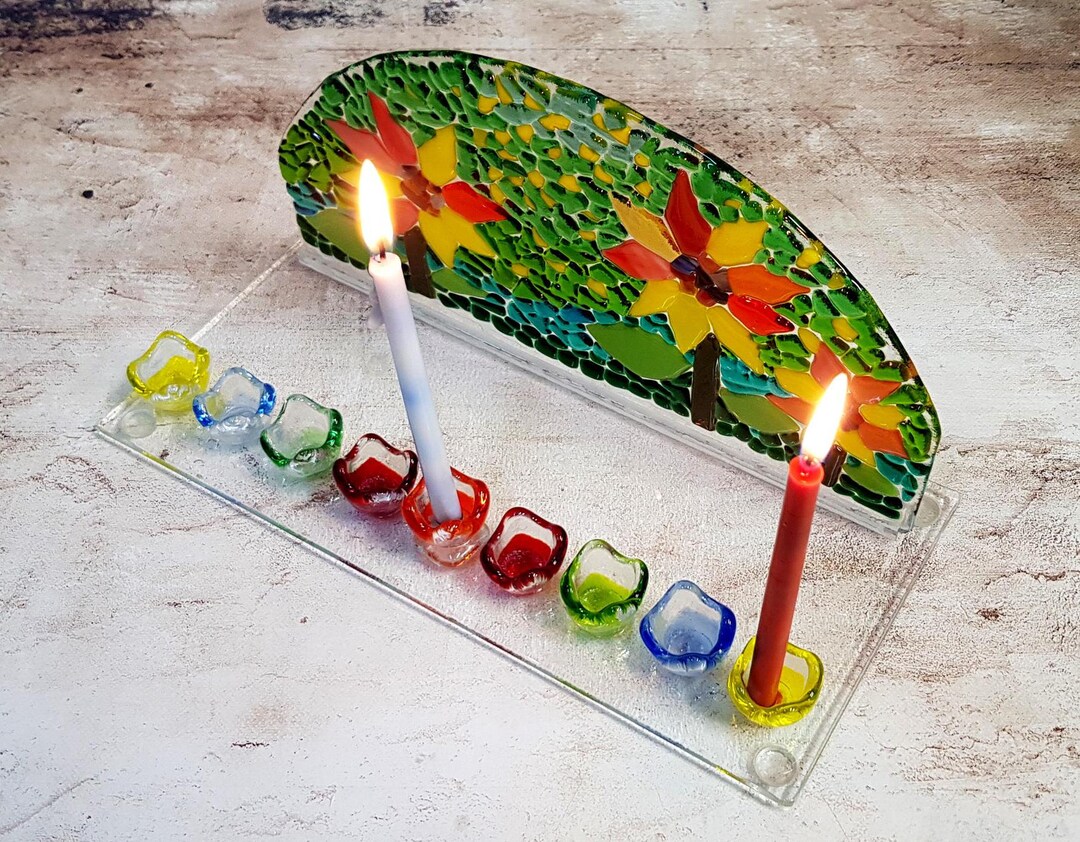 Beautiful Menorah Glass Inspired by Vincent Van Gogh, Sunflowers Fused ...