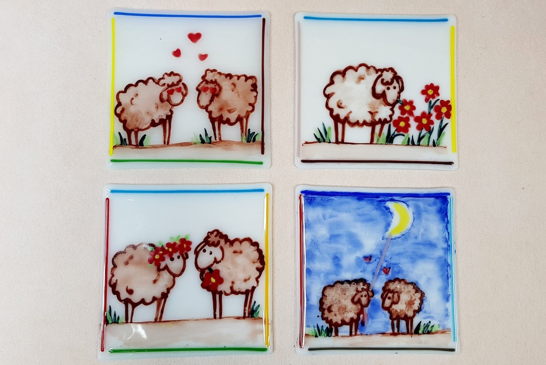 4 Hand Painted Sheep Glass Tile, Kitchen & Bathroom Decor Sets ...
