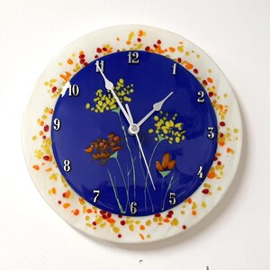 Circle Blue White Fused Glass Clock With Flowers Mosaic, Handmade Wall ...