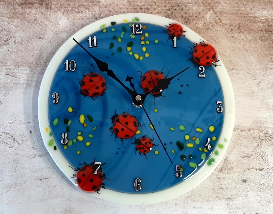 Circle Blue White Fused Glass Clock With Hand Painted Beetles, Handmade ...