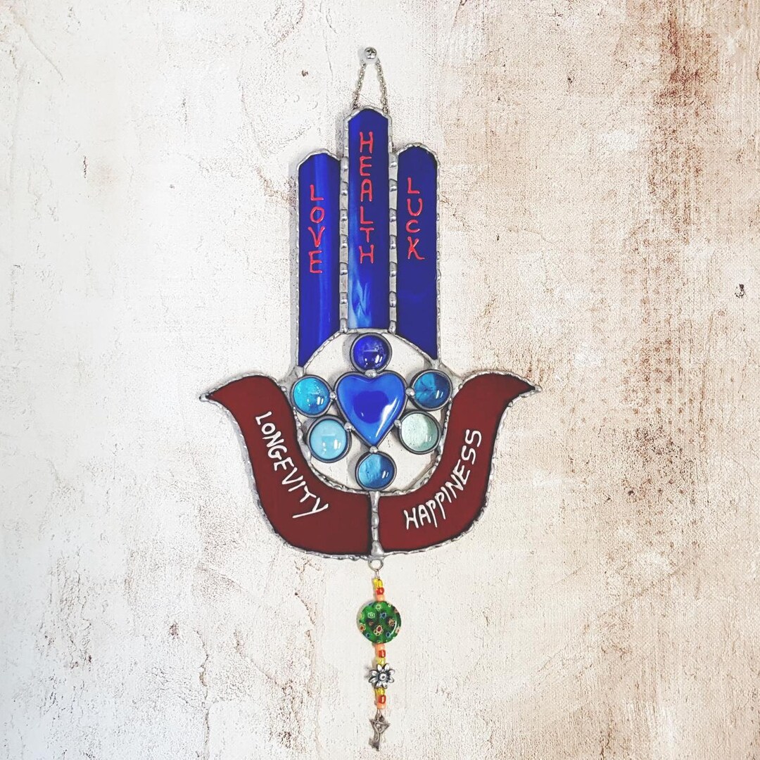 Blue Red Hamsa Stained Glass With 5 Blessings & Beads, Jewish Home ...