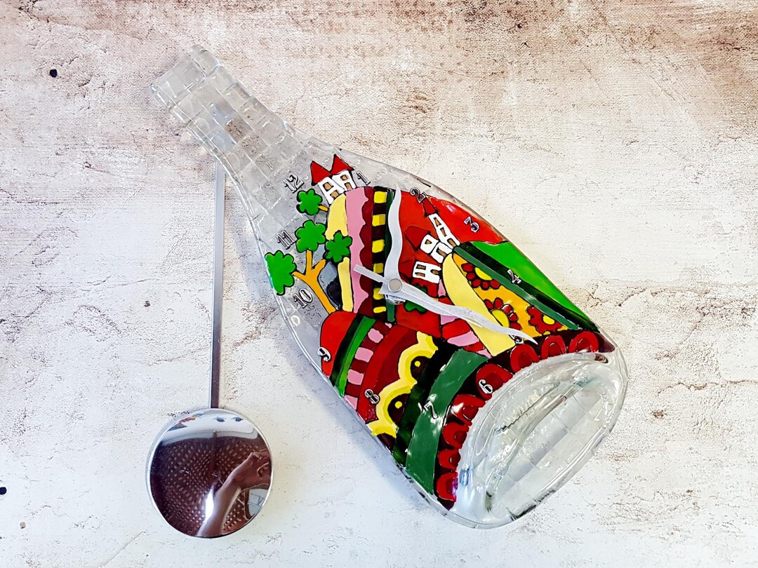 Recycled Bottle Wall Clock Glass With Pendulum, Hand Painted Houses ...