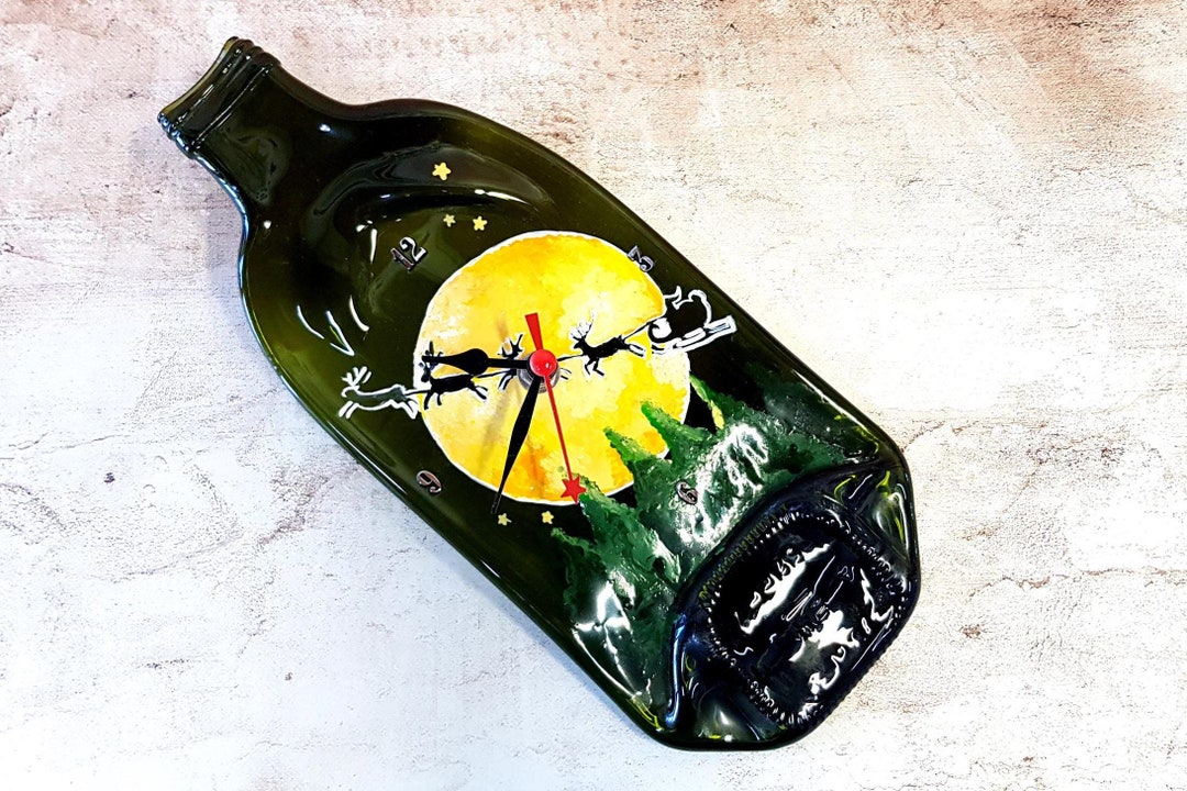Fused Glass Recycled Bottle Silent Wall Clock With Hand Painted Santa's ...