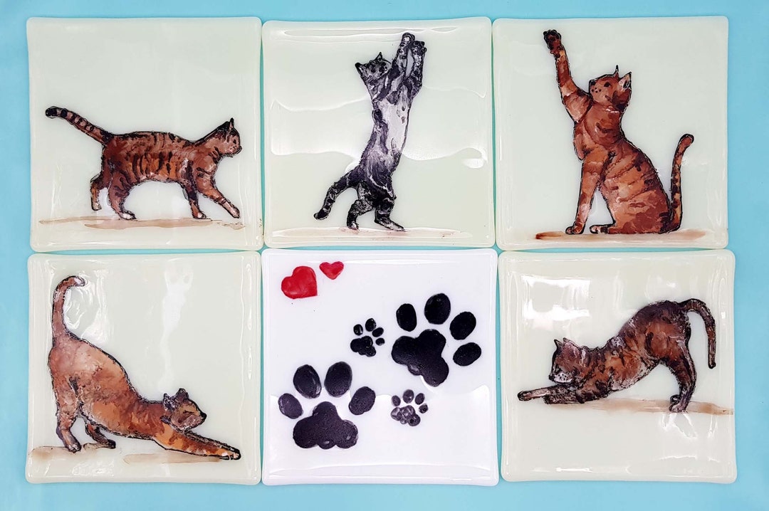 6 Unique Hand Painted Cats in Motion on Tiles / Coasters, Kitchen ...