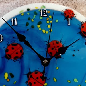 Circle Blue White Fused Glass Clock With Hand Painted Beetles, Handmade ...