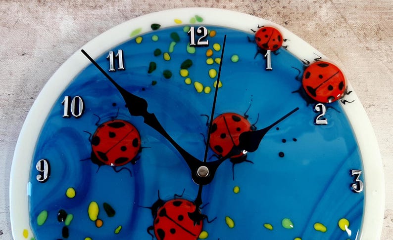 Circle Blue White Fused Glass Clock With Hand Painted Beetles, Handmade ...