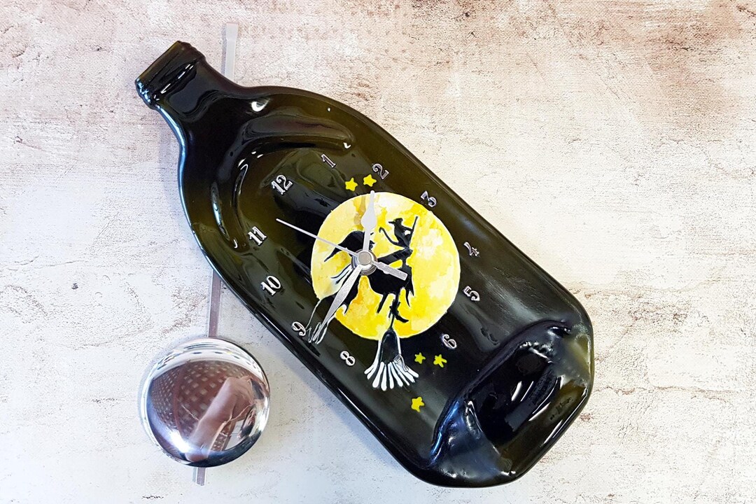 Recycled Bottle Wall Clock Glass With Pendulum With Hand-painted Witch ...