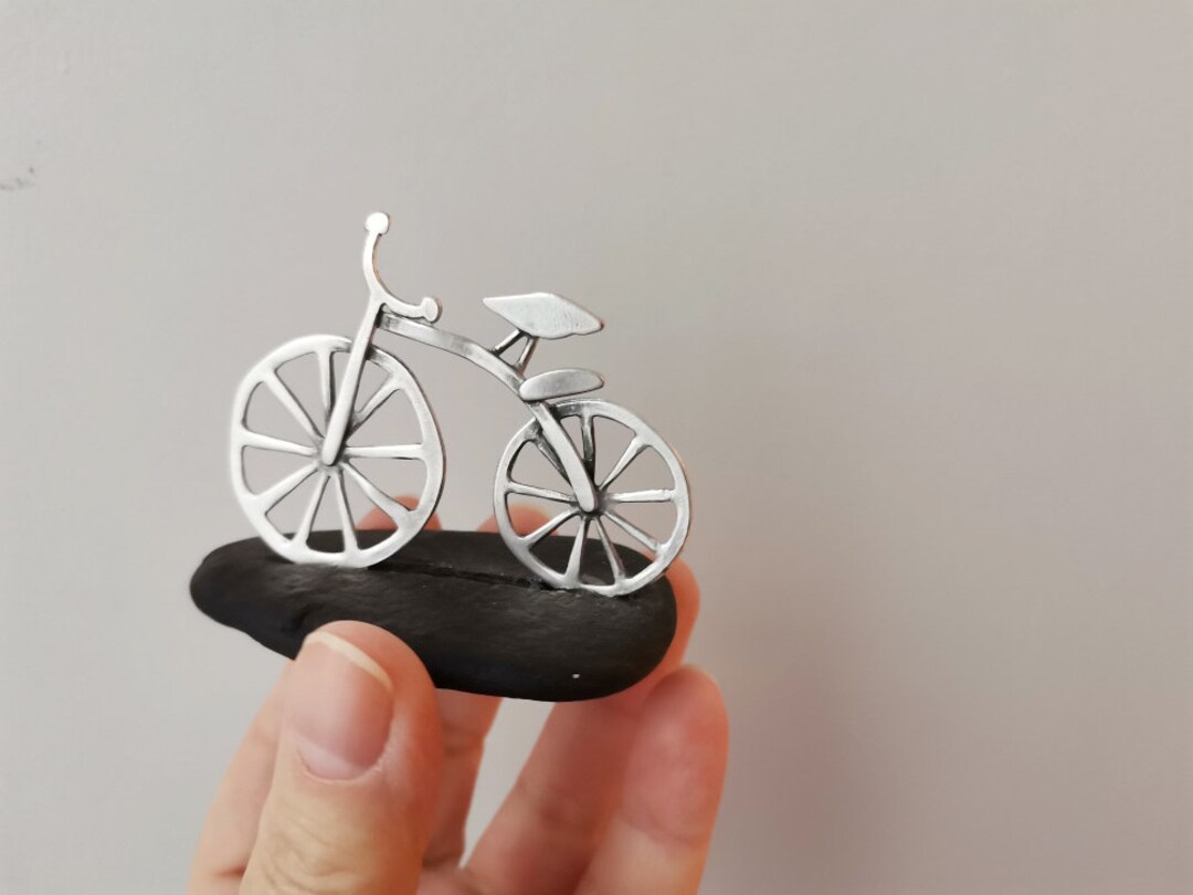 Silver Bicycle Sculpture, Mini Bike Sculpture on Black Stone, Alloy ...
