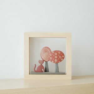 Cat and Trees Wall Decor, Ceramic Cat and Trees Sculpture, Red Cat With ...