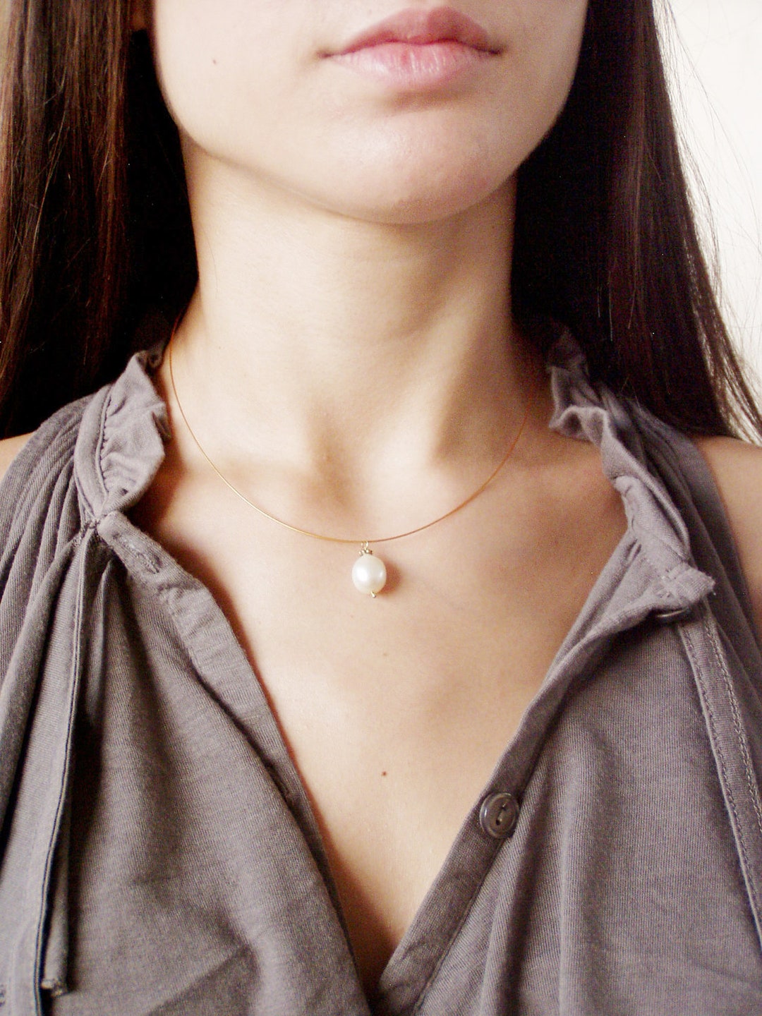 White Pearl Pendant on a Gold Plated Steel Wire, Sweet Water Pearl ...