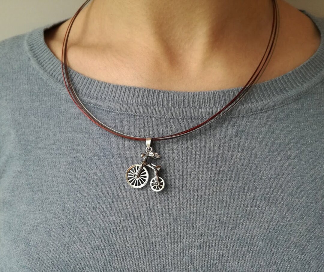 Silver Bicycle Necklace, Sterling Silver Bicycle Pendant on Multi Steel ...