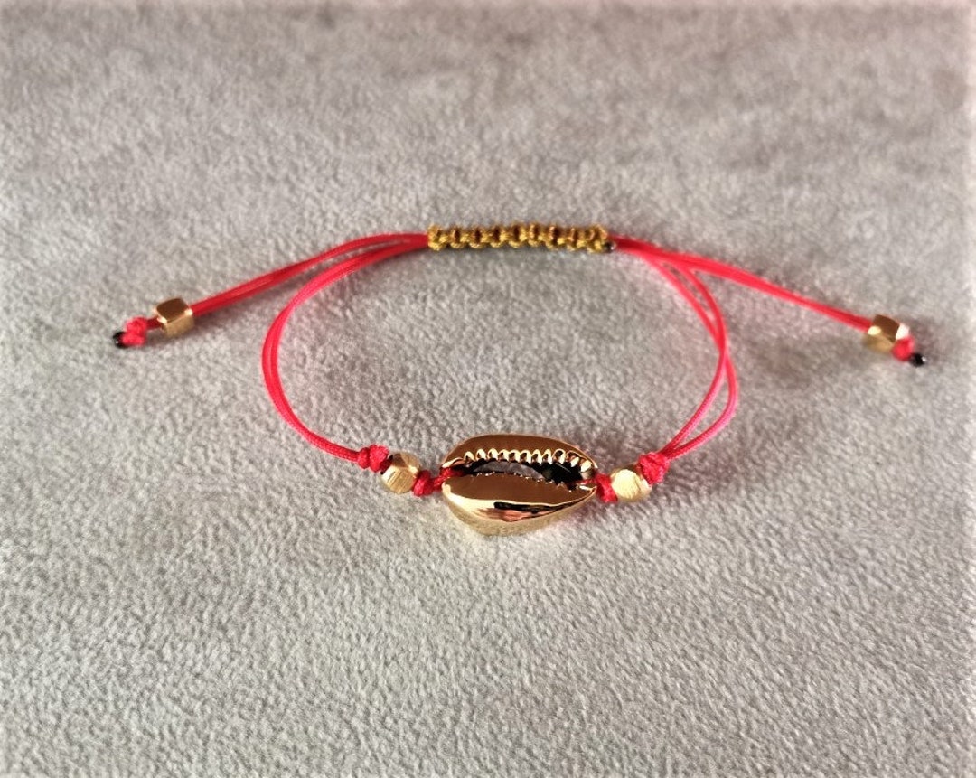 Red Macrame Bracelet With Gold Plated, Natural Shell Charm, Boho Red ...