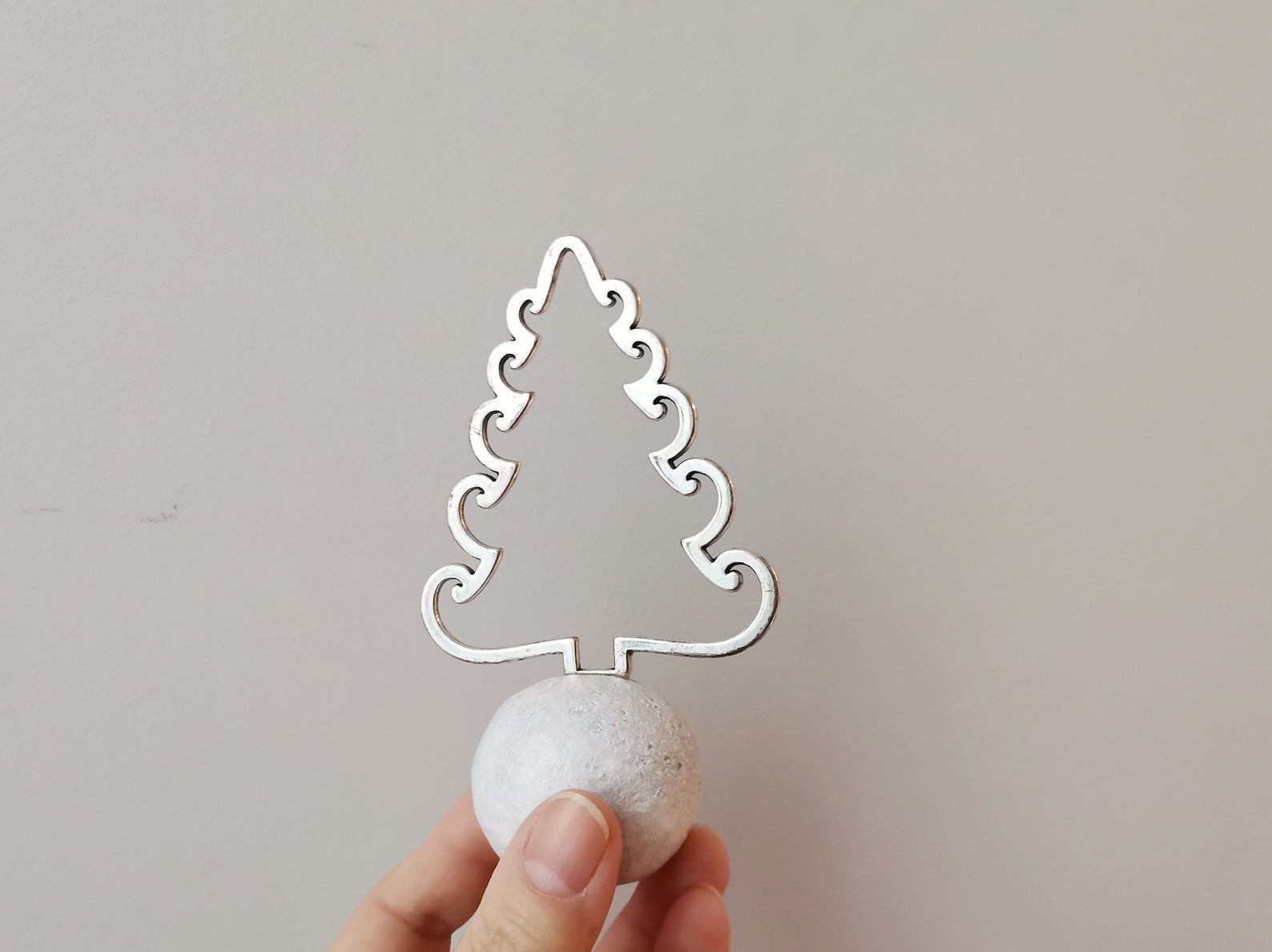 Silver Tree Sculpture, Minimalist Xmas Tree on White Stone, Silver Tree ...