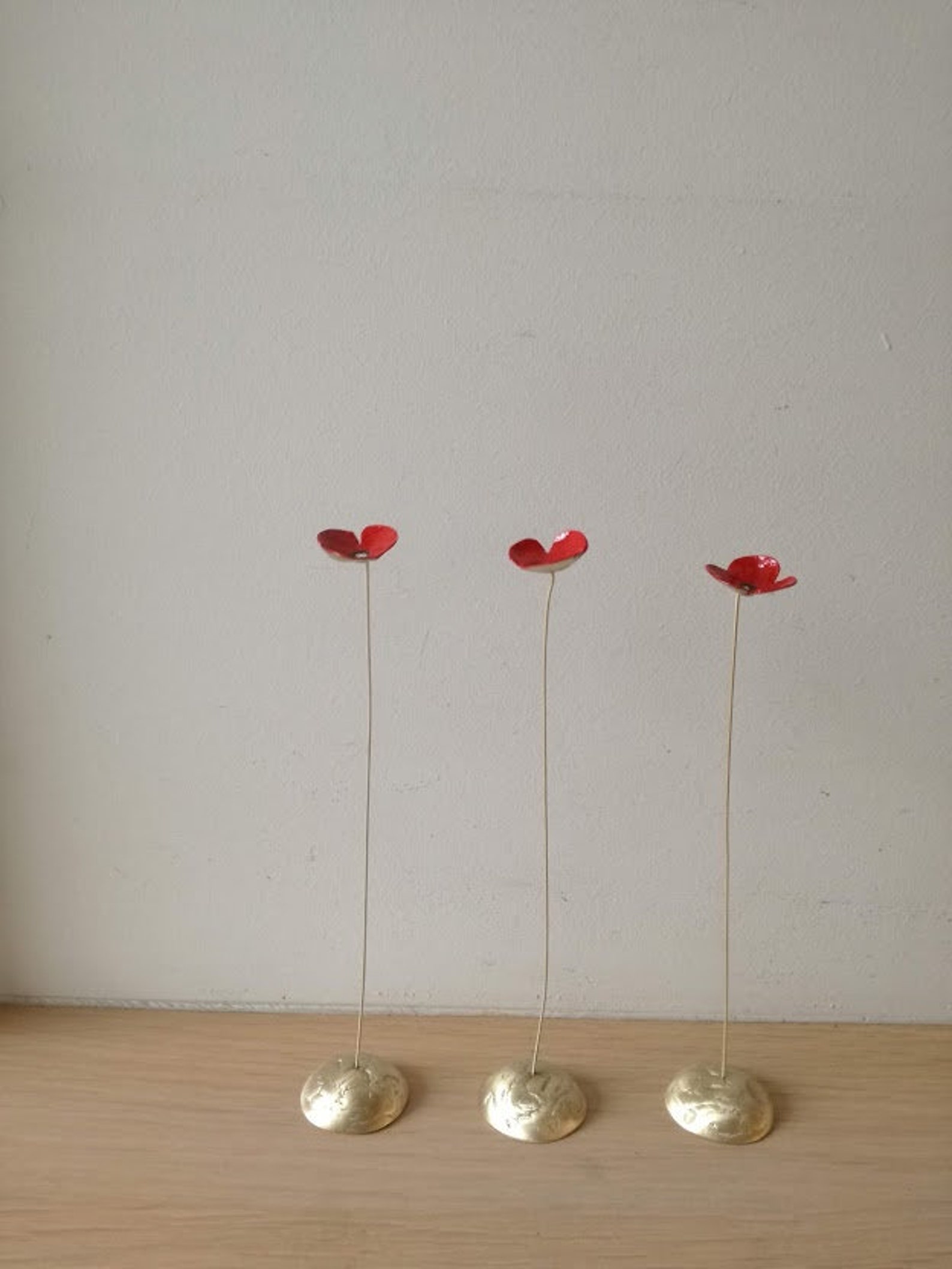 Red Poppy Metal Sculpture Brass Flower Art Object With Red | Etsy