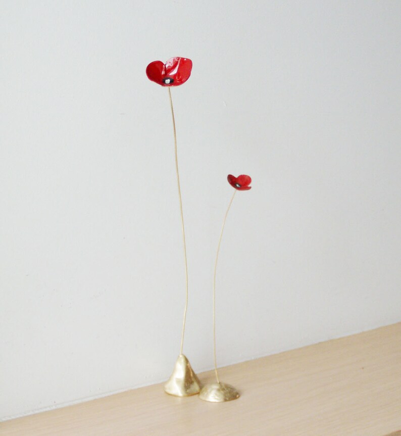 Red Poppies Metal Sculpture Brass Poppy Flowers With Red - Etsy