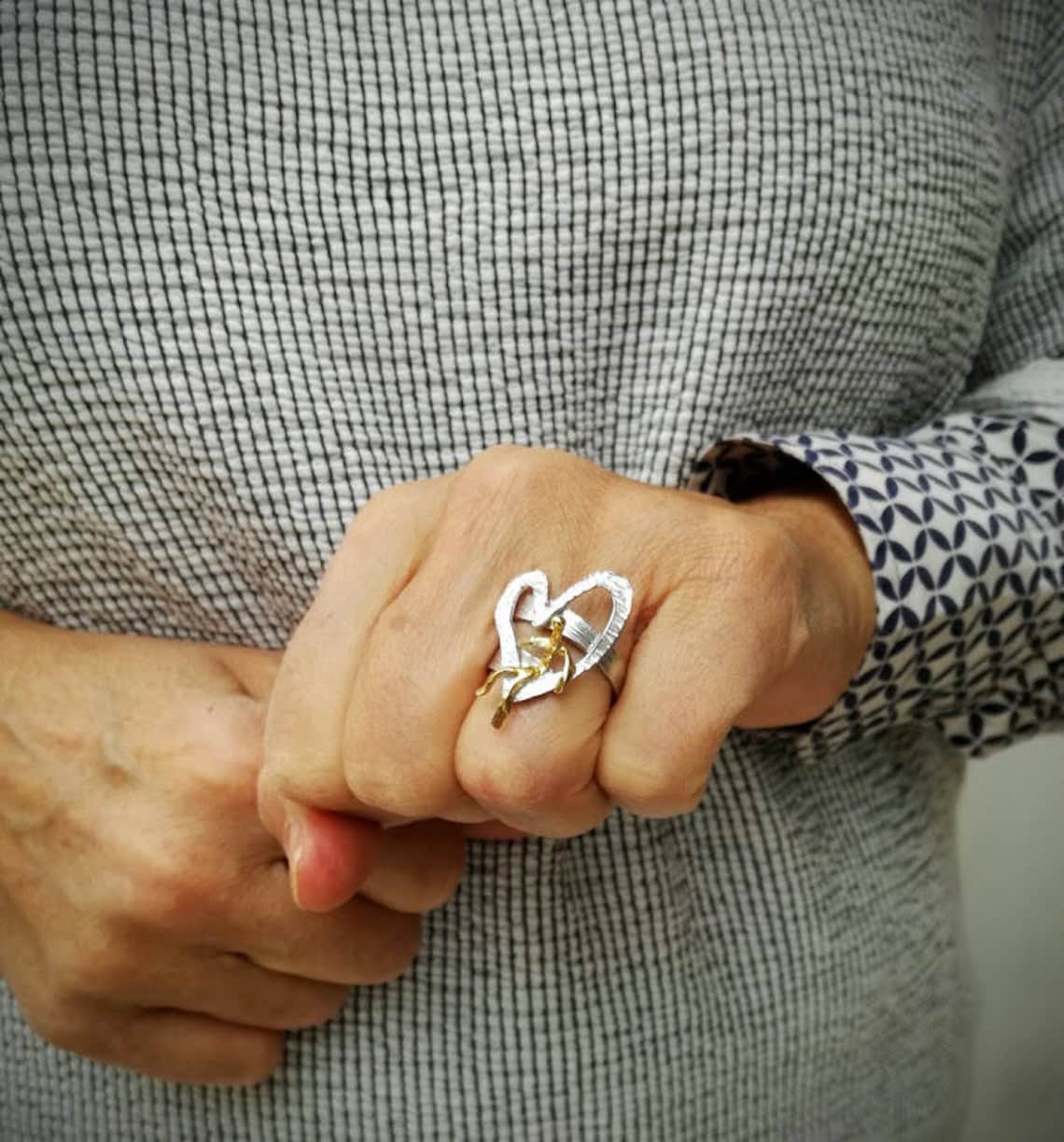 Heart Silver Ring Heart and Man Gold and Silver Ring Silver - Etsy