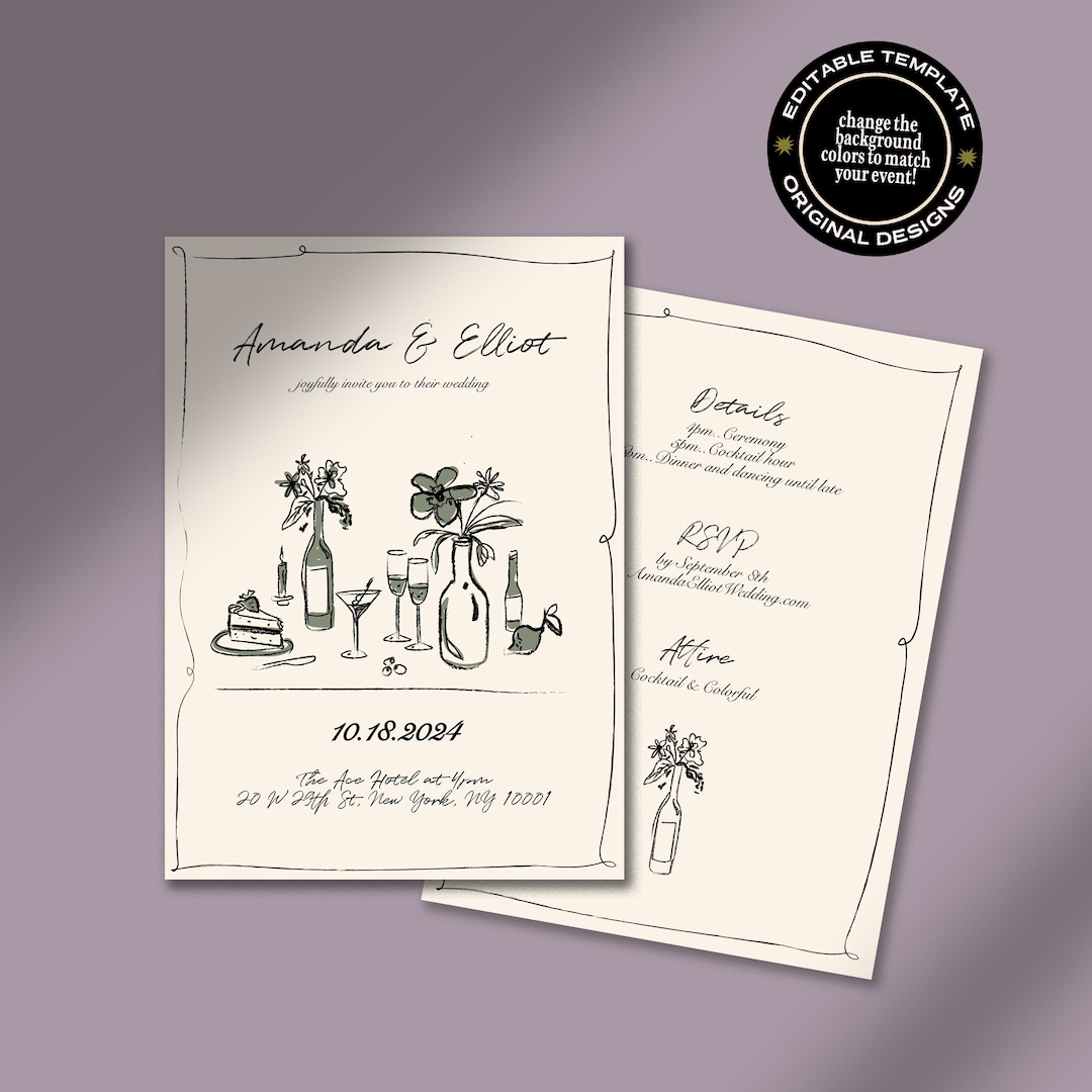 WEDDING INVITE | Hand Drawn Illustration | Funky Handwritten Invitation ...